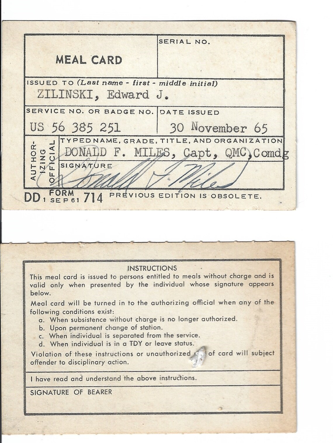 2 Vietnam Era US Army Officer's Meal Card 1965 - Etsy