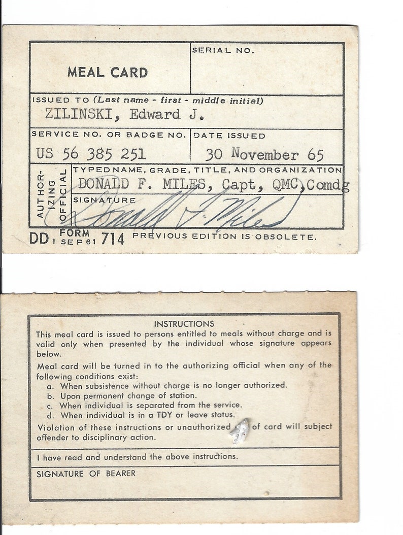 2 Vietnam Era US Army Officer's Meal Card 1965 - Etsy