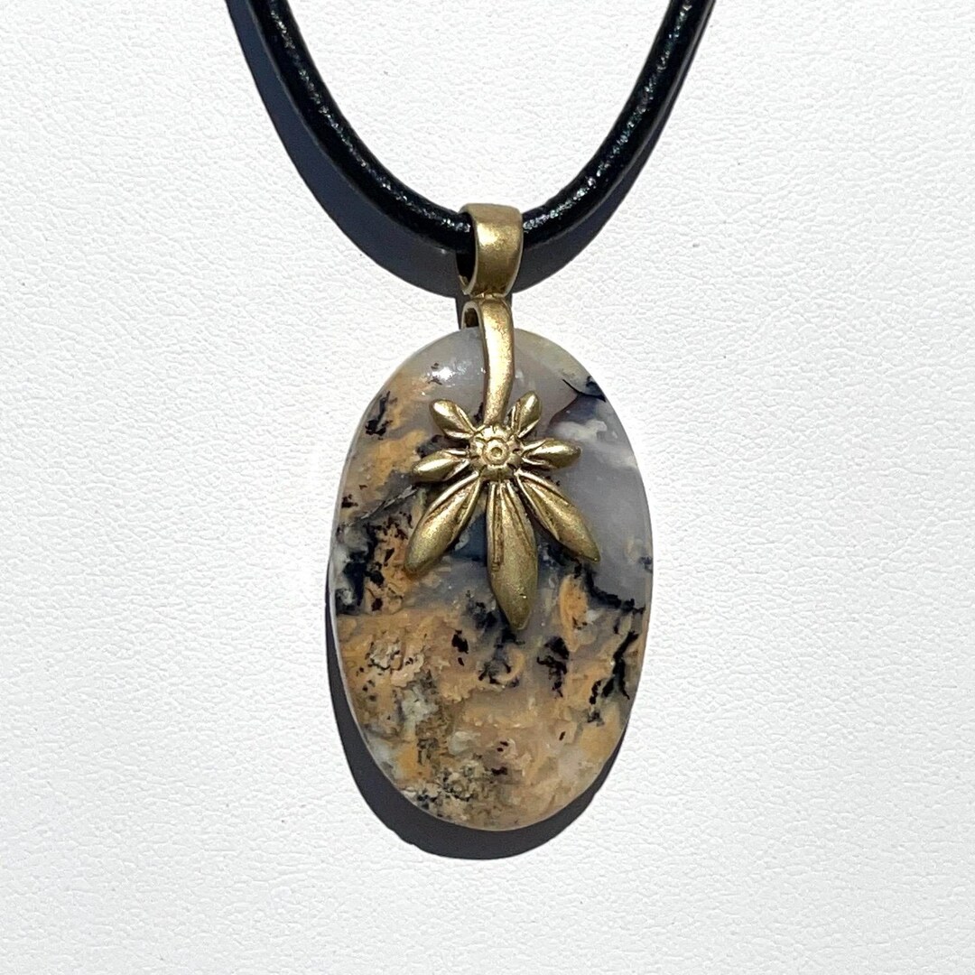 Tiger Dendritic Agate, Natural Stone, Antiqued Brass Daisy Bail ...