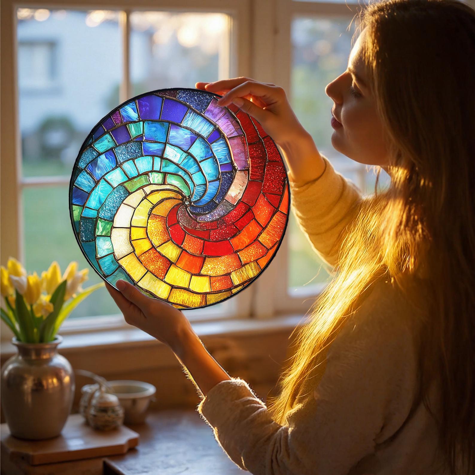 Colorful Rainbow Glass Spiral Suncatcher, Modern Circular Mosaic Wall ...