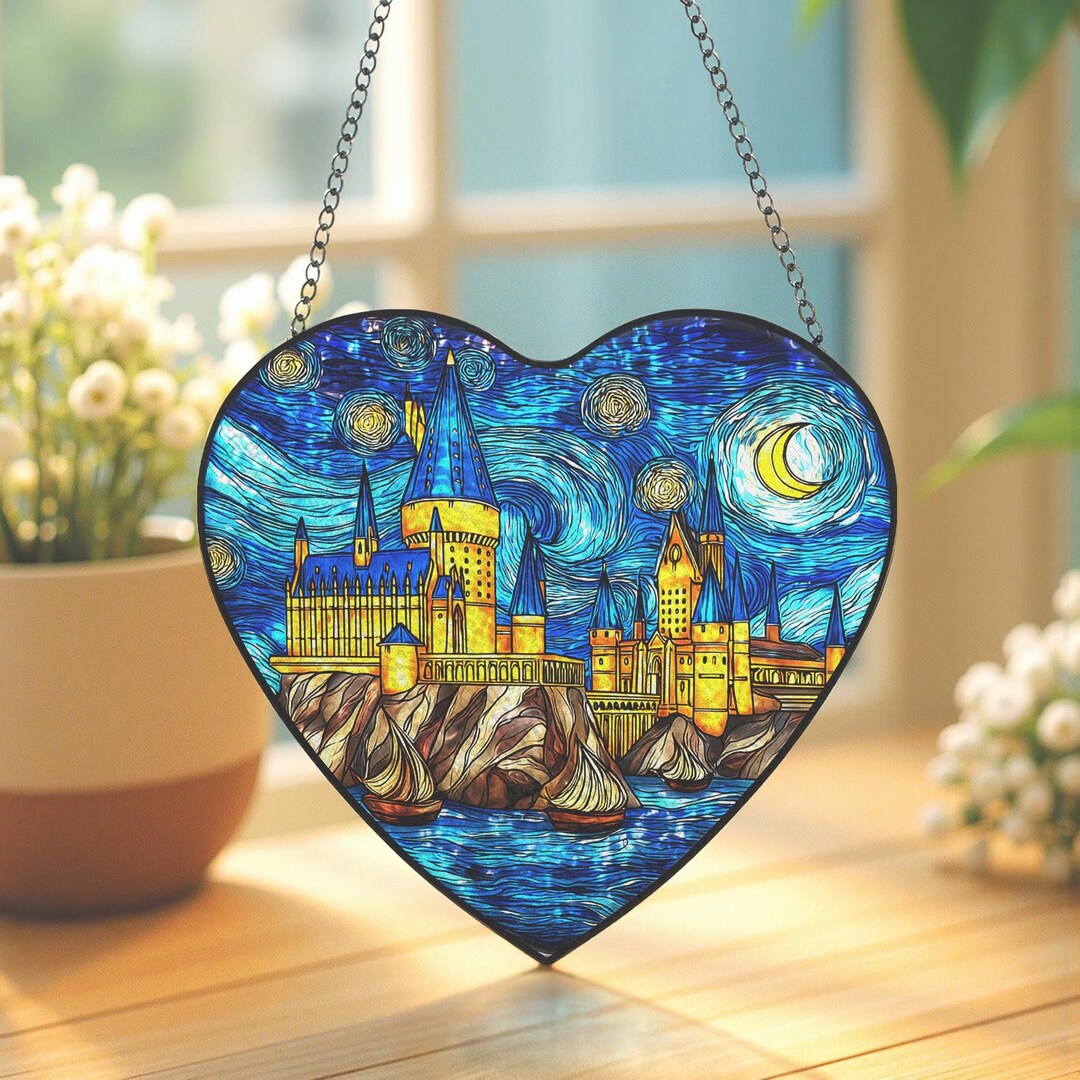Wizard Castle Stained Glass Suncatcher: Starry Night Fantasy Art - Etsy