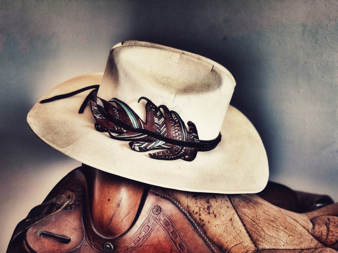 Leather Feather Hat Band, Hand Painted, Tooled, Canadian Made, Cowboy ...