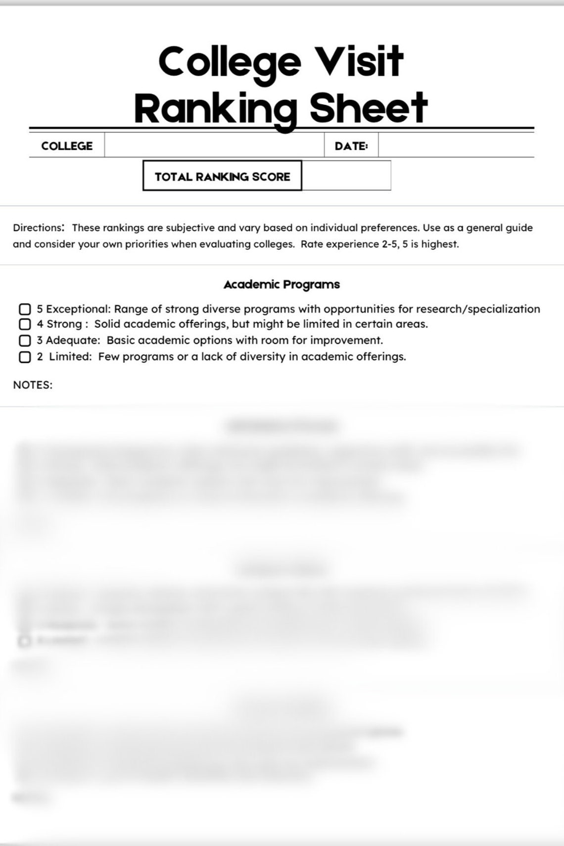 College Visit Comparison and Ranking Sheet|campus Tour Guide| College ...