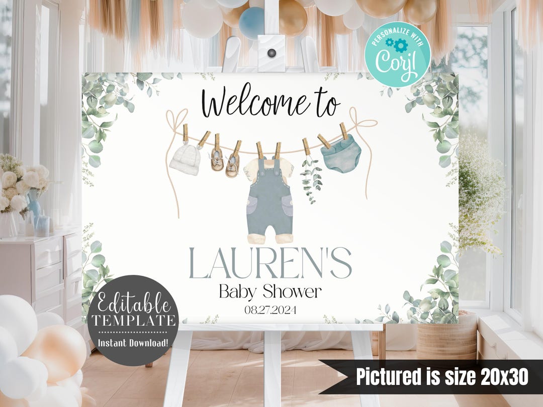 Editable Boho Boys Clothes Line Baby Shower Welcome Sign. Rustic ...