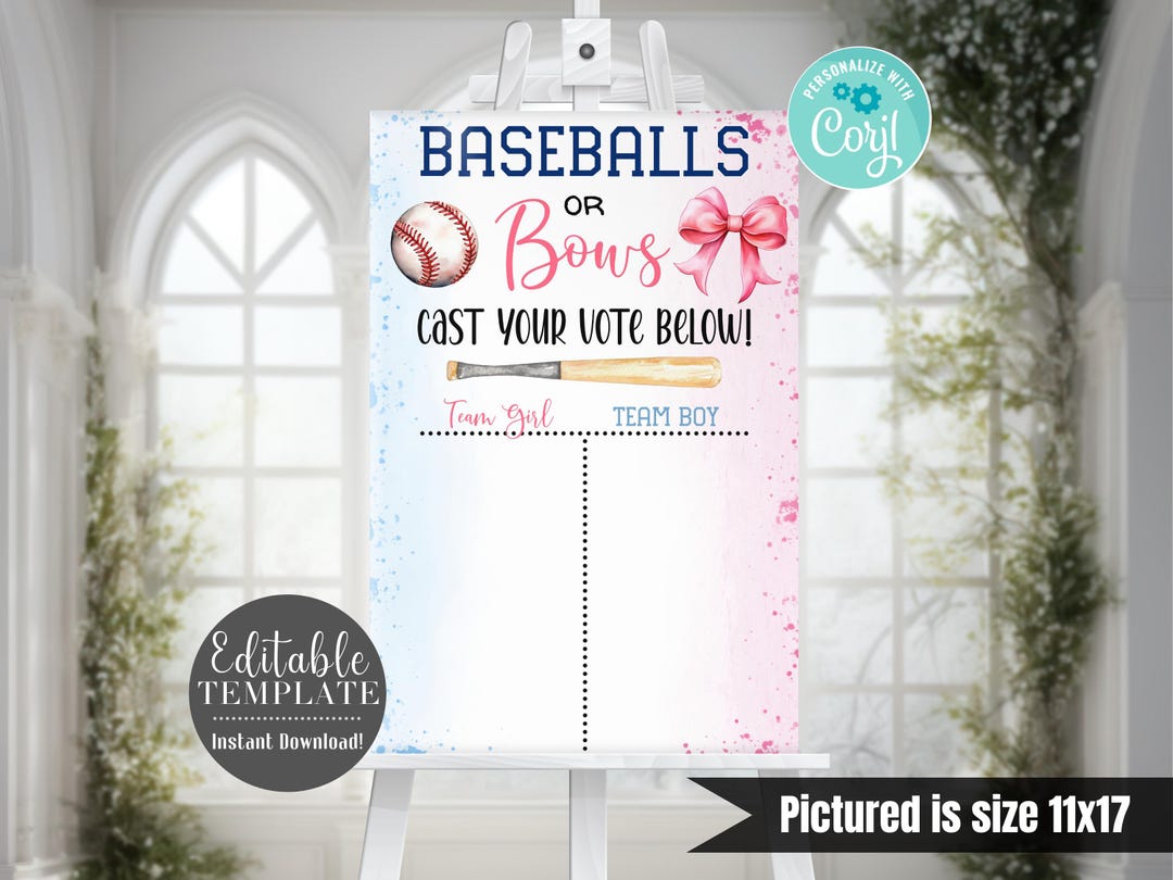 Editable Baseball or Bows Gender Reveal Party Gender Voting Sign & Team ...