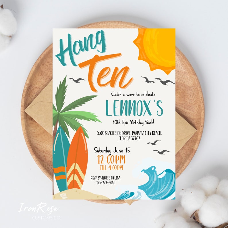 Editable Boys Hang Ten 10th Birthday Party Invitation. Editable ...
