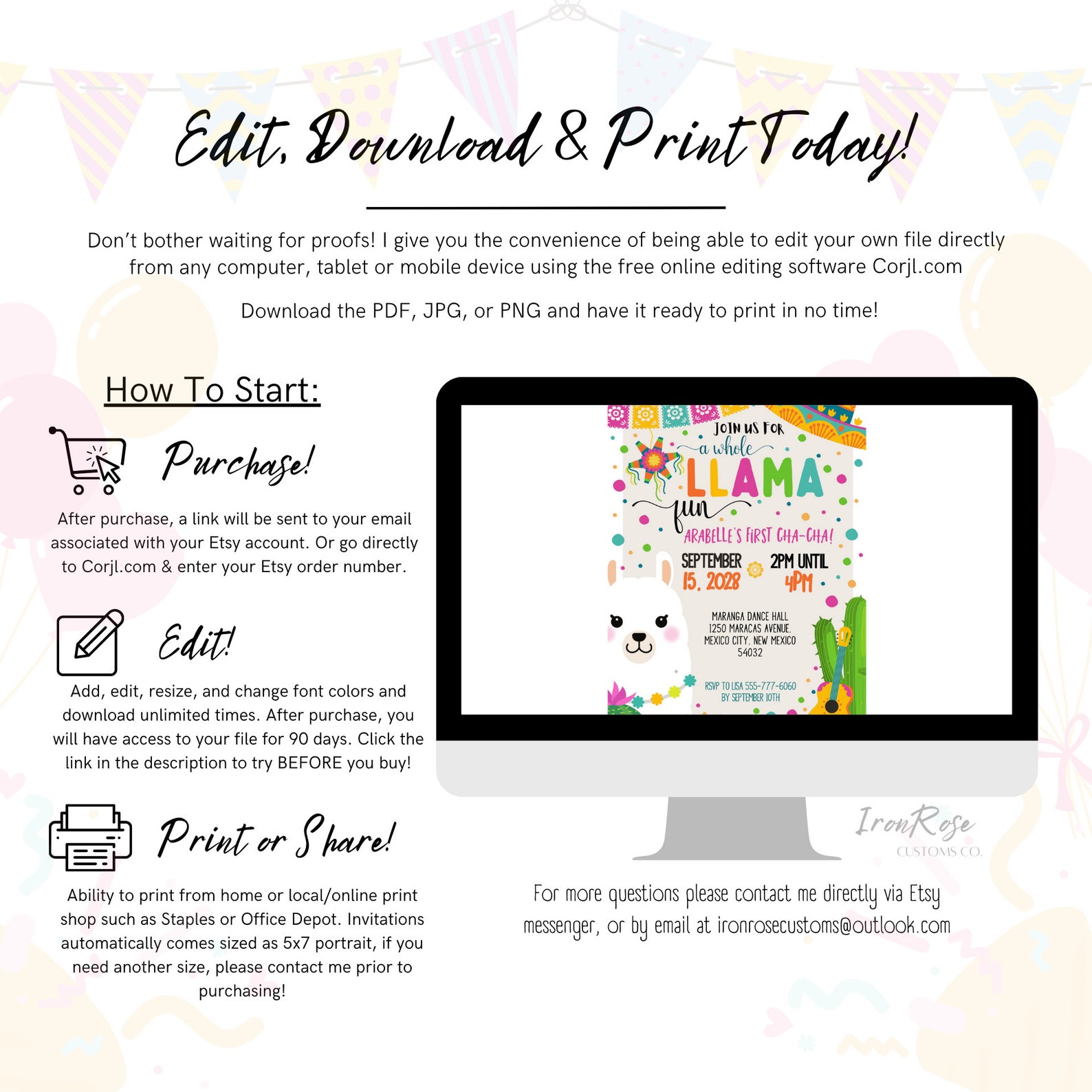 Editable A Whole Llama Fun Girls Birthday Party Invitation. Editable ...