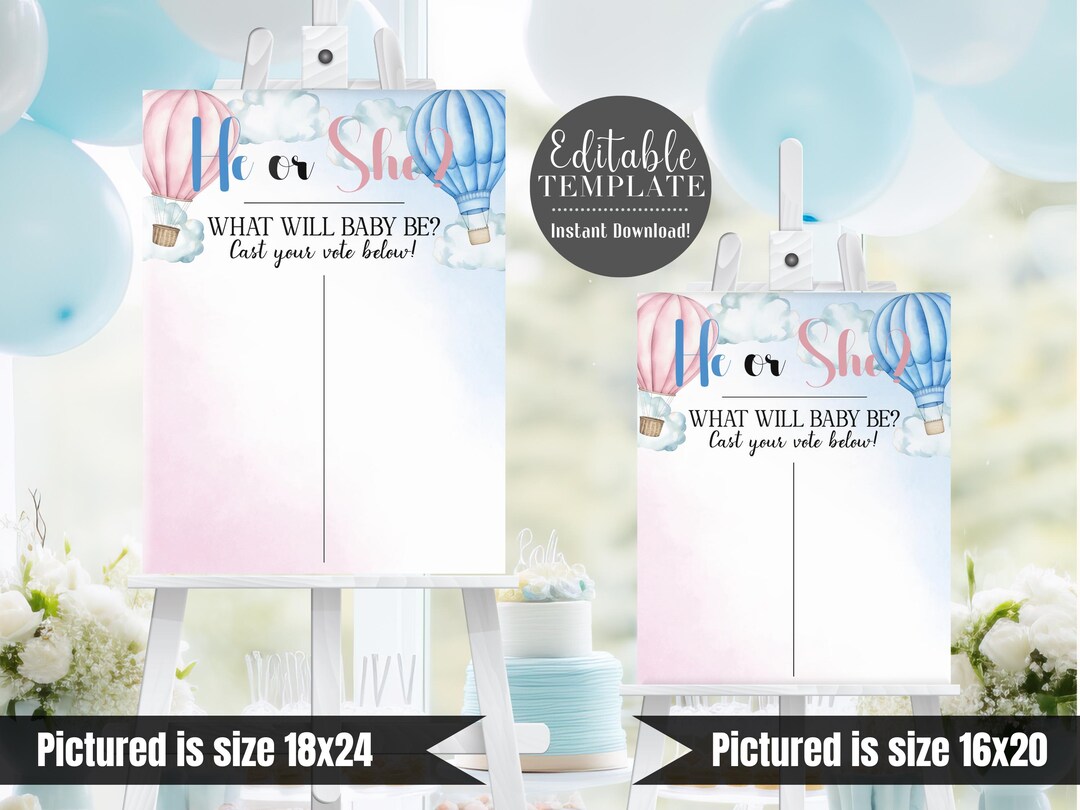 Editable Hot Air Balloon Voting Poster Gender Reveal Guessing Game Sign ...