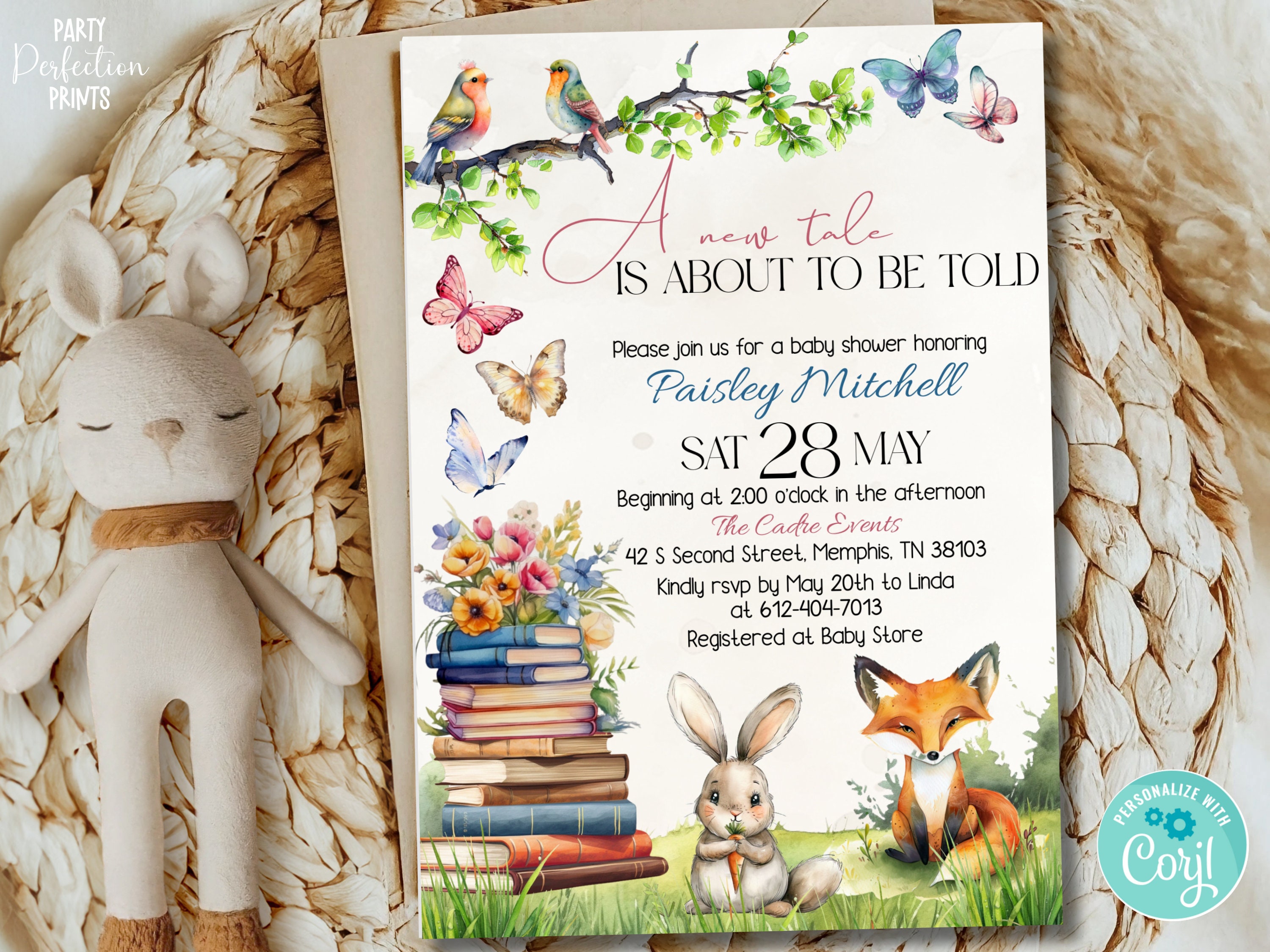 Editable Storybook A New Tale Baby Shower Invitation Set. Floral Book ...