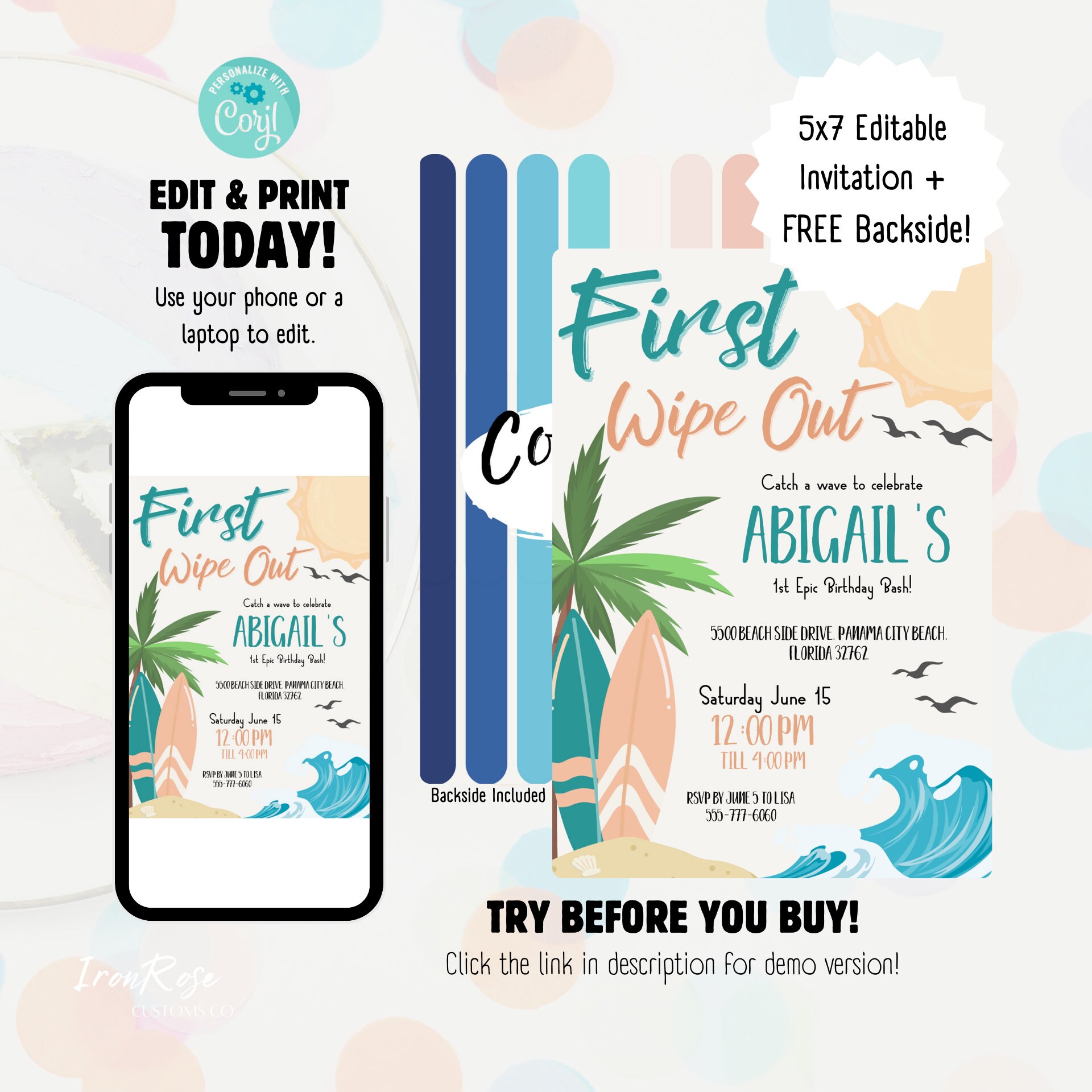 Editable Girls First Wipe Out Birthday Party Invitation. Editable ...