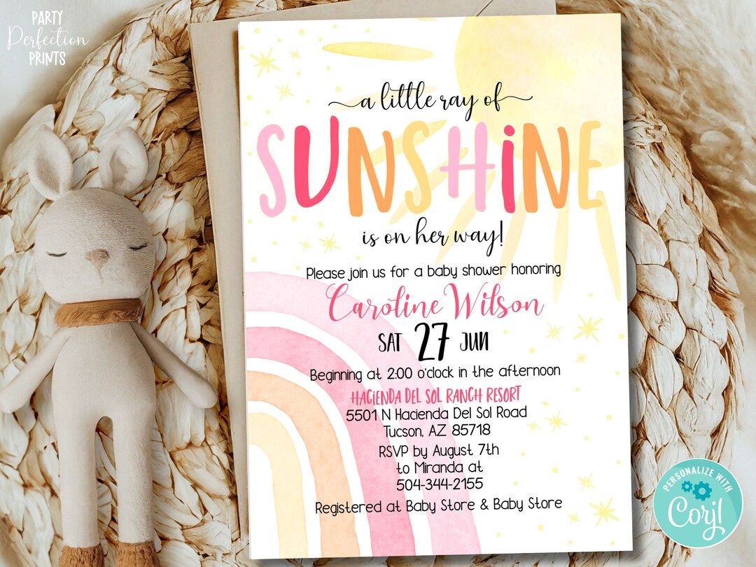 Editable Sun and Rainbow Baby Shower Invitation Set. Girl Pink Boho A ...