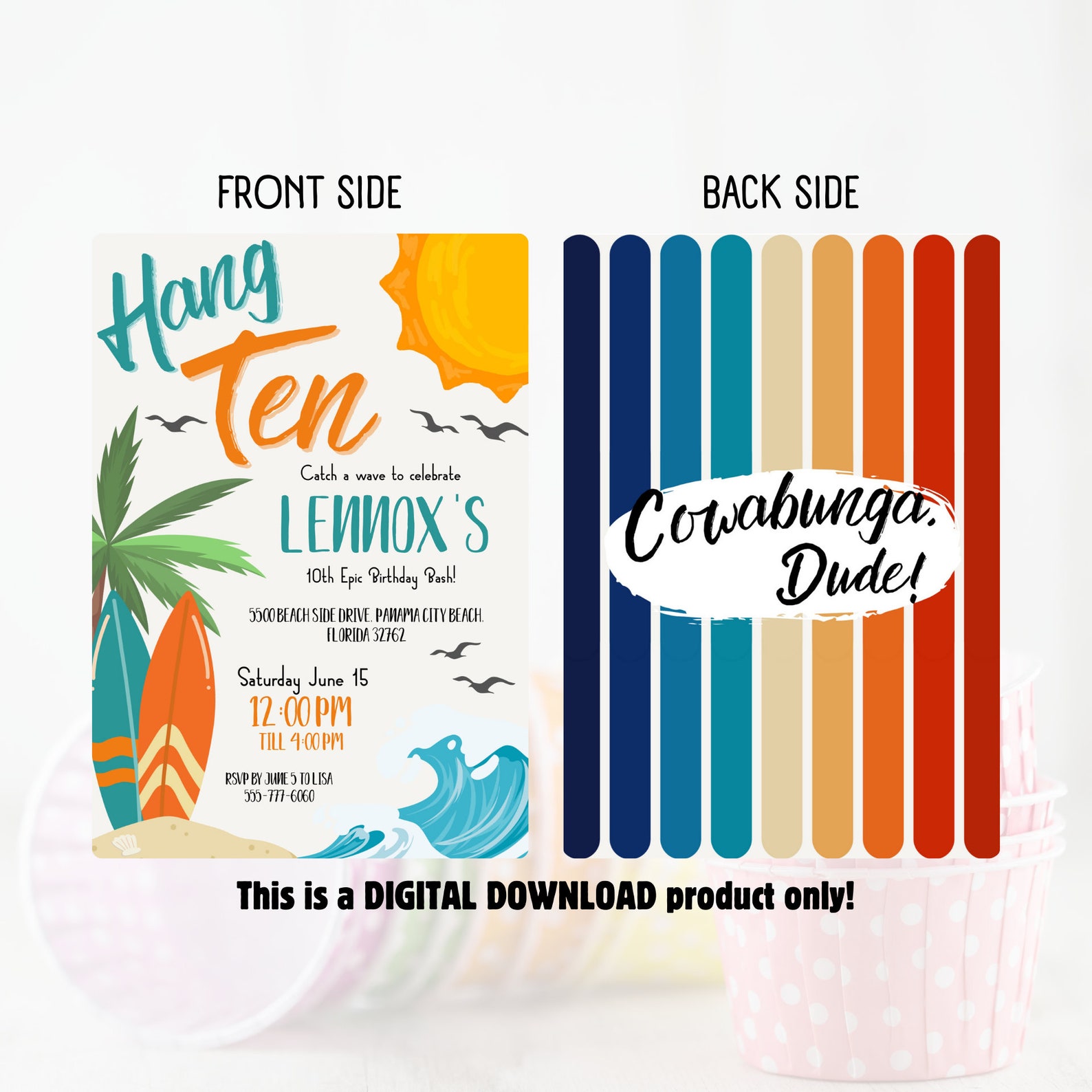 Editable Boys Hang Ten 10th Birthday Party Invitation. Editable ...