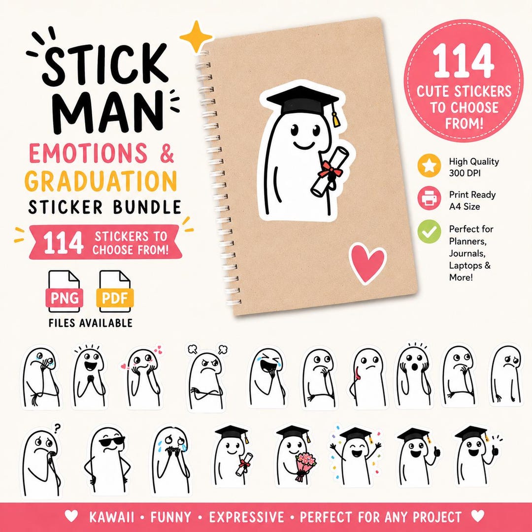 Stick Man Emotions Graduation Sticker Bundle | Kawaii PNG Files ...