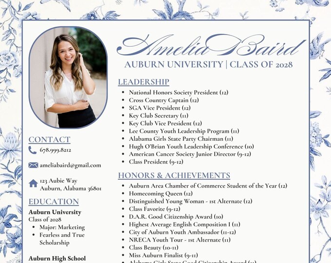 Blue Chinoiserie Chic Sorority Recruitment Rush Resume Template - Etsy