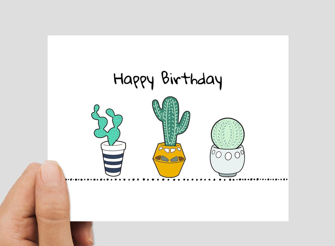 Happy Birthday Card, Cute Cactus Card, Green Plants in Cute Pots Card ...