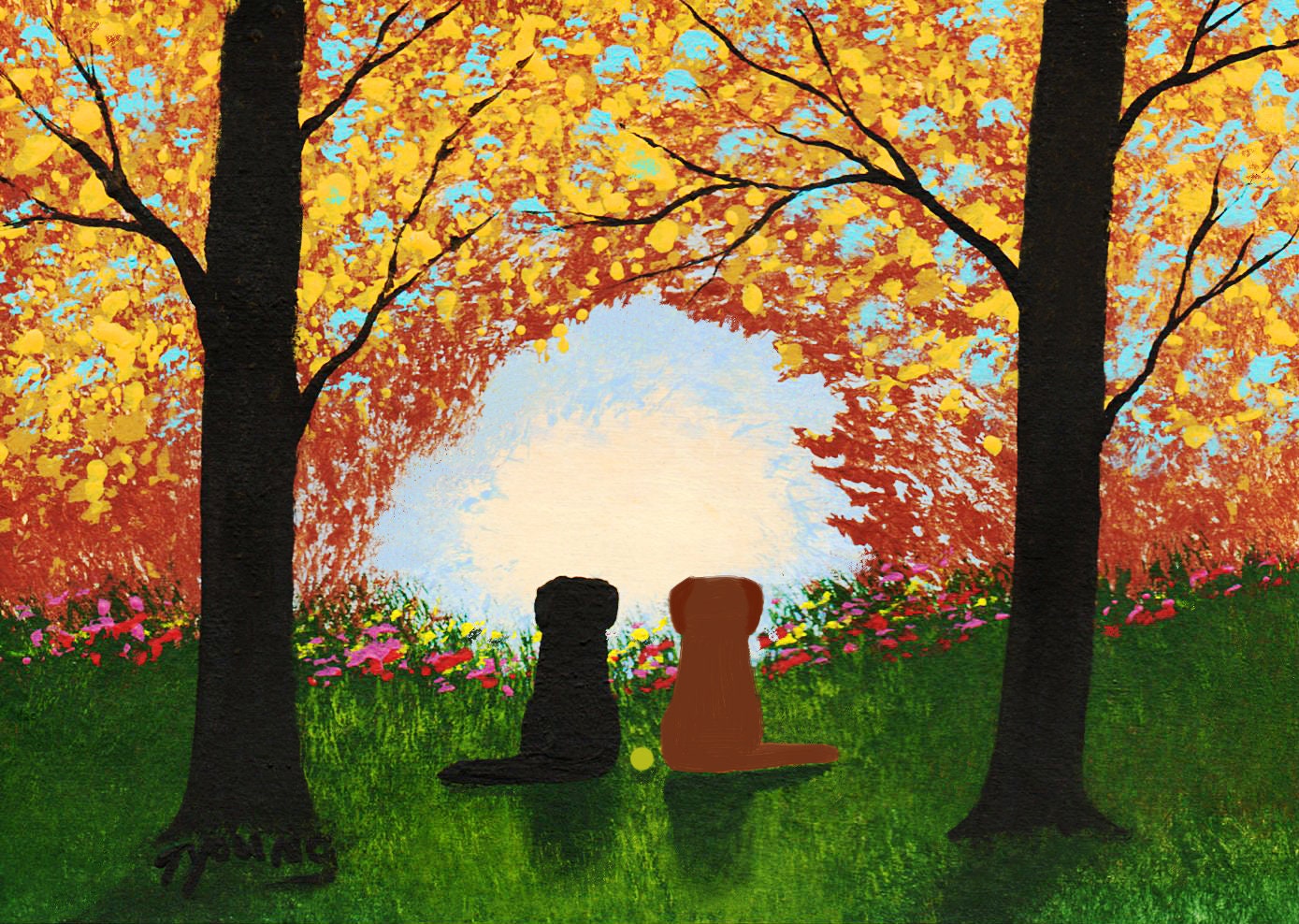 Black Chocolate Lab Dog folk Art Print by Todd Young AUTUMN | Etsy