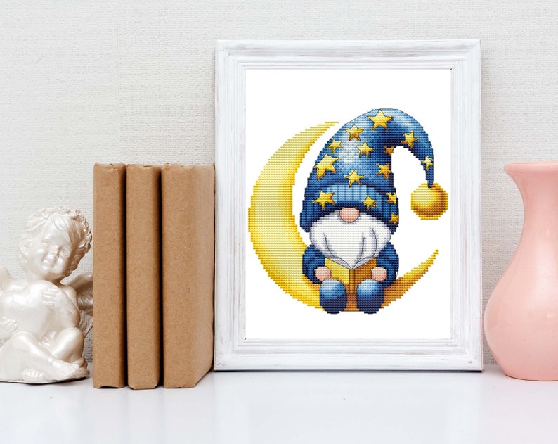 Gnome Cross Stitch Pattern, Sleeping Gnome, Gnome on the Moon With Stars and Bear, Embroidery ...