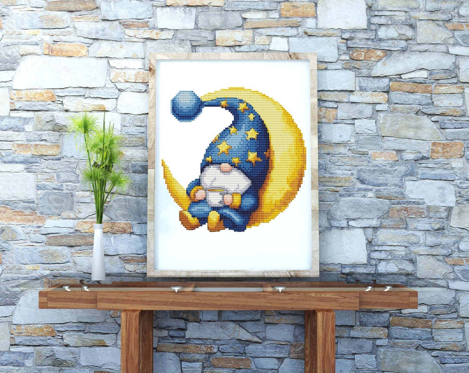 Gnome Cross Stitch Pattern, Sleeping Gnome, Gnome on the Moon With Stars and Bear, Embroidery ...