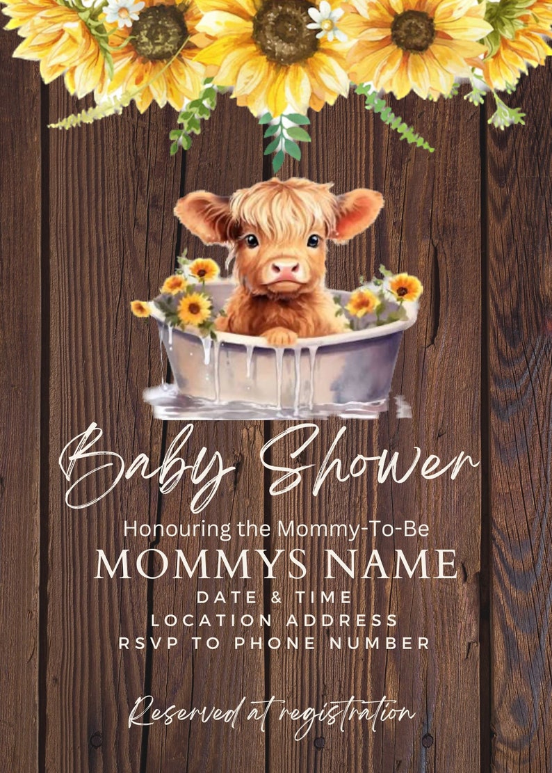 Editable Highland Cow Baby Shower Invitation Bundle, Rustic Sunflower ...