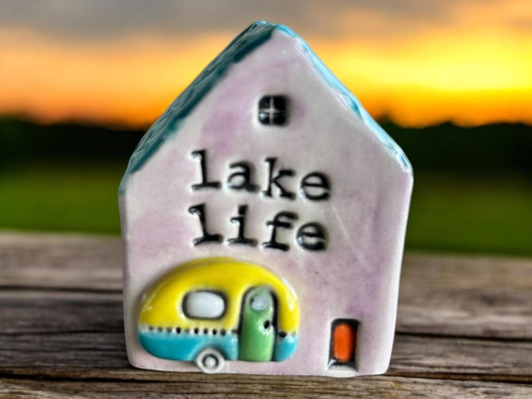 Tiny Ceramic Lake Life House - Miniature Retro Camper Ornament for Lake ...