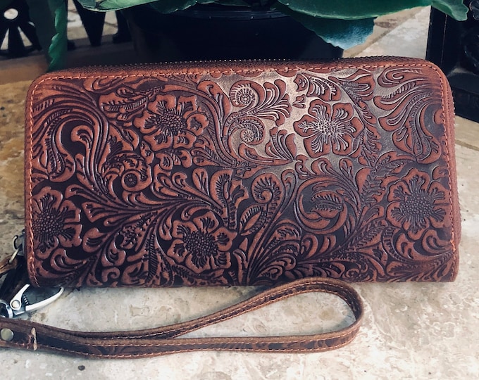 Genuine Leather Hand Tooled Vintage Patterned, Brownish Auburn Cowhide ...