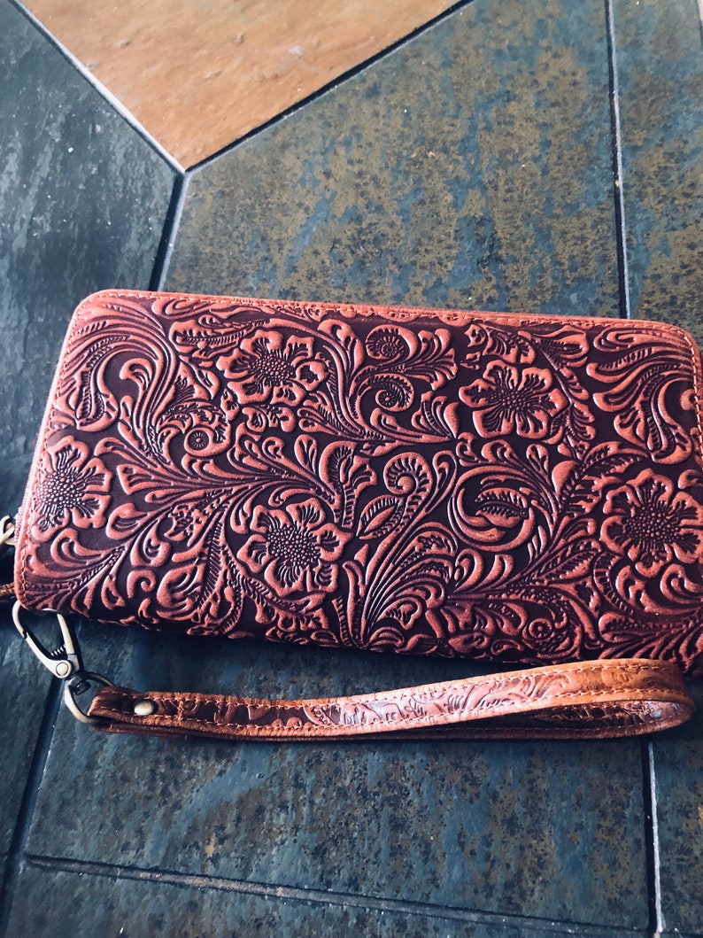 Genuine Leather Hand Tooled Vintage Patterned, Brownish Auburn Cowhide ...