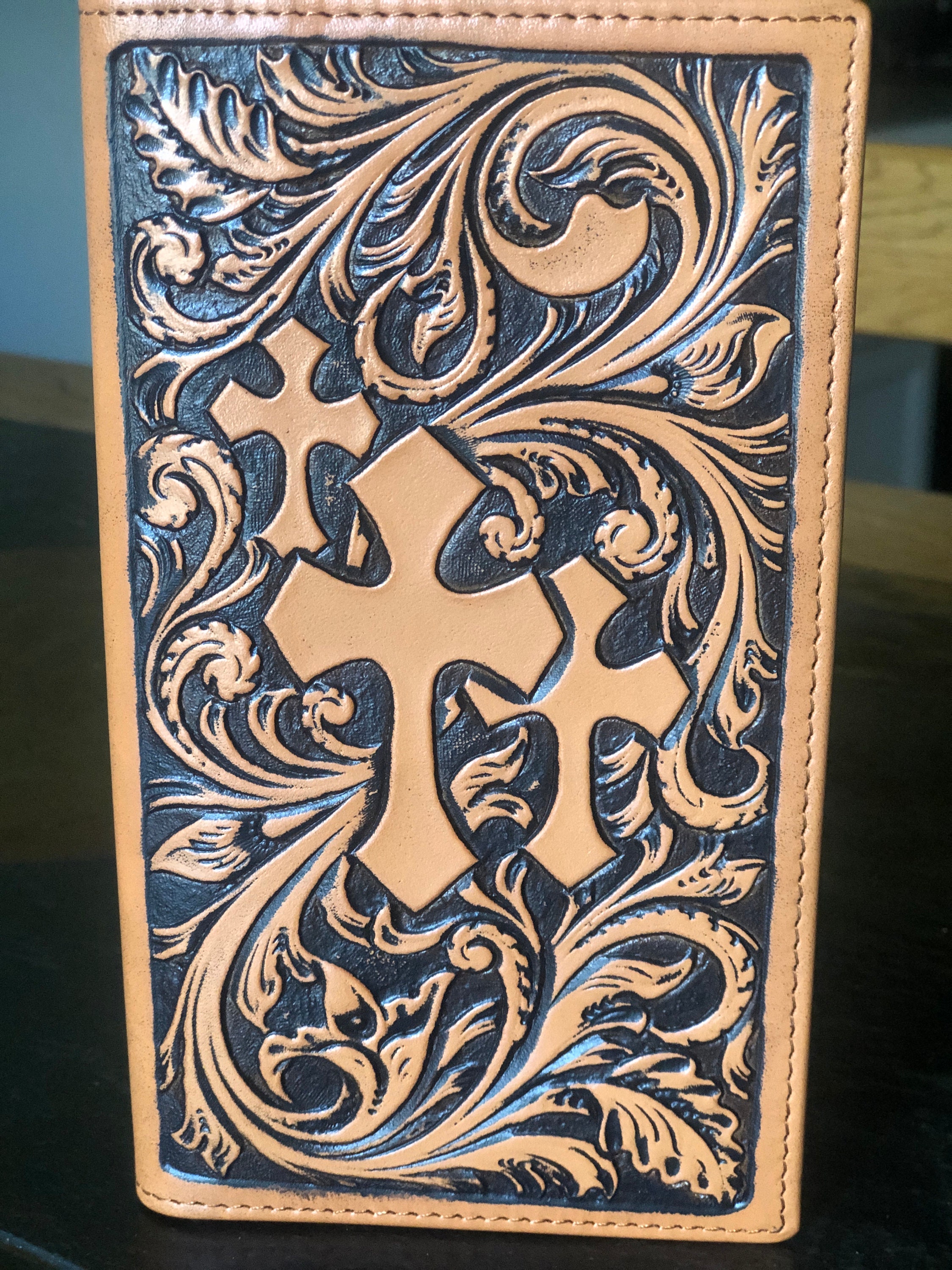 Men’s Genuine Leather Long Wallet, Cross Embossed Leather Wallet, Faith ...