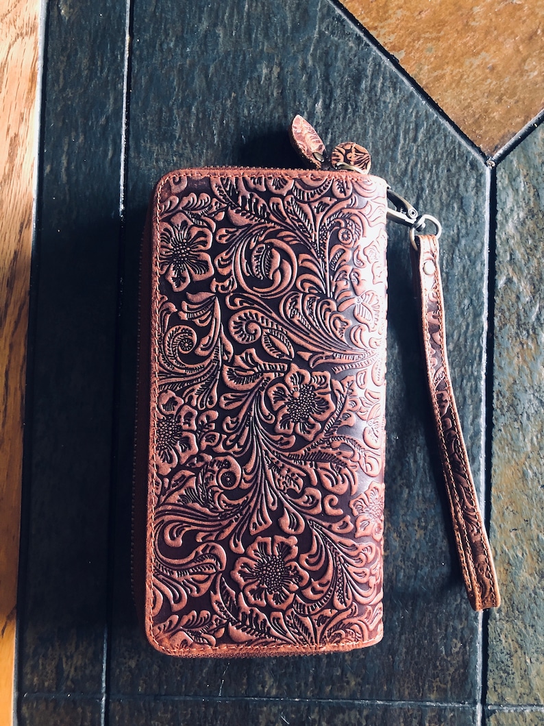 Genuine Leather Hand Tooled Vintage Patterned, Brownish Auburn Cowhide ...