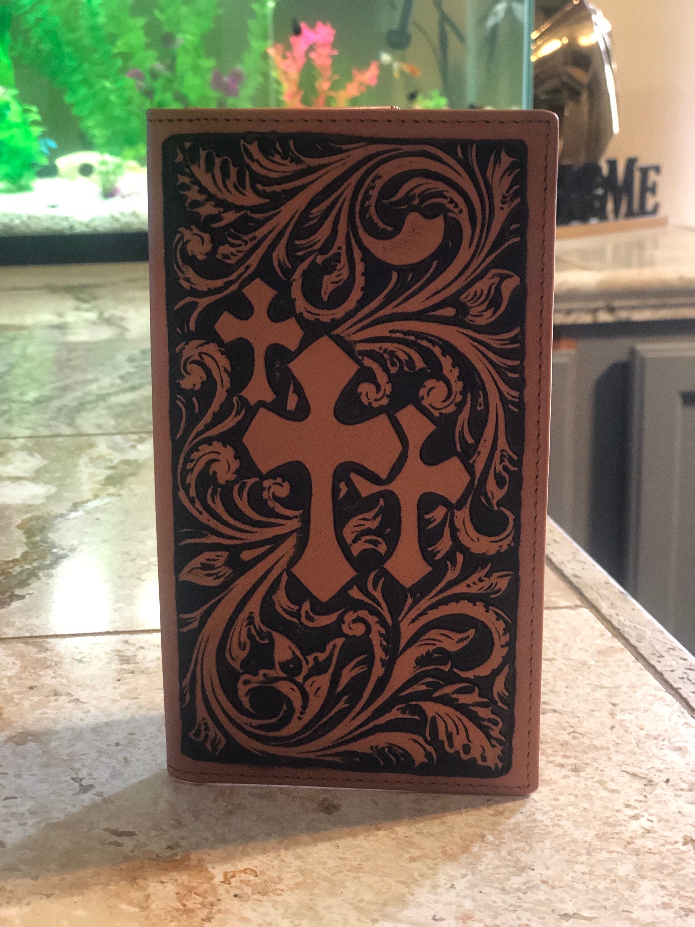 Men’s Genuine Leather Long Wallet, Cross Embossed Leather Wallet, Faith ...