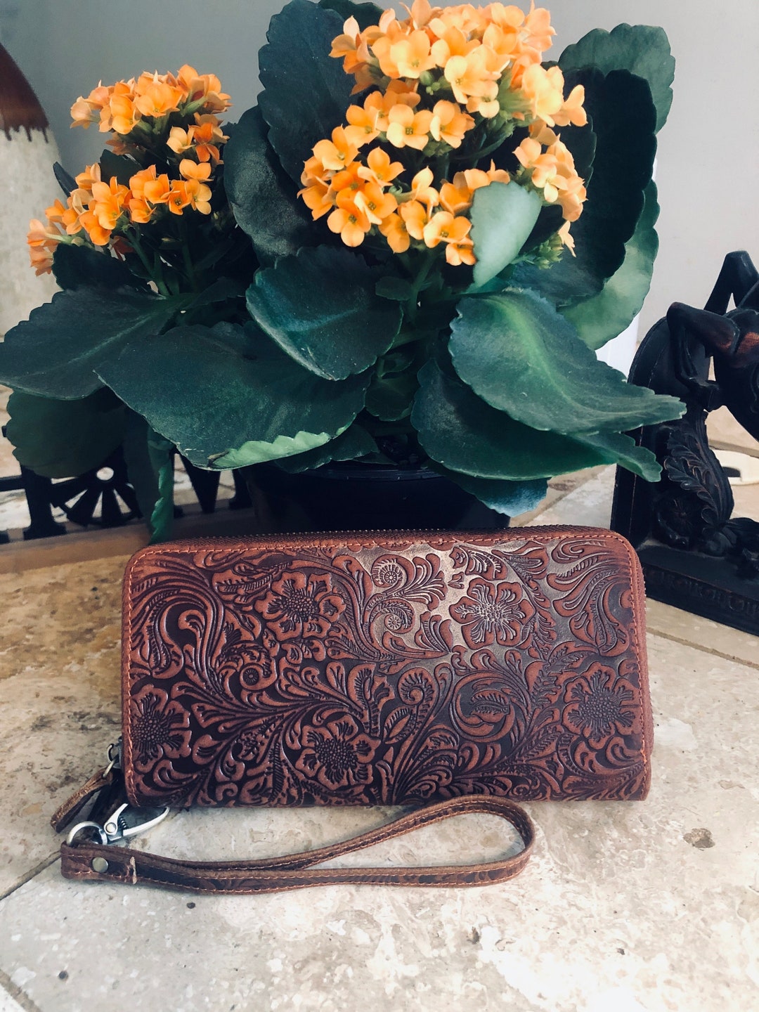 Genuine Leather Hand Tooled Vintage Patterned, Brownish Auburn Cowhide ...