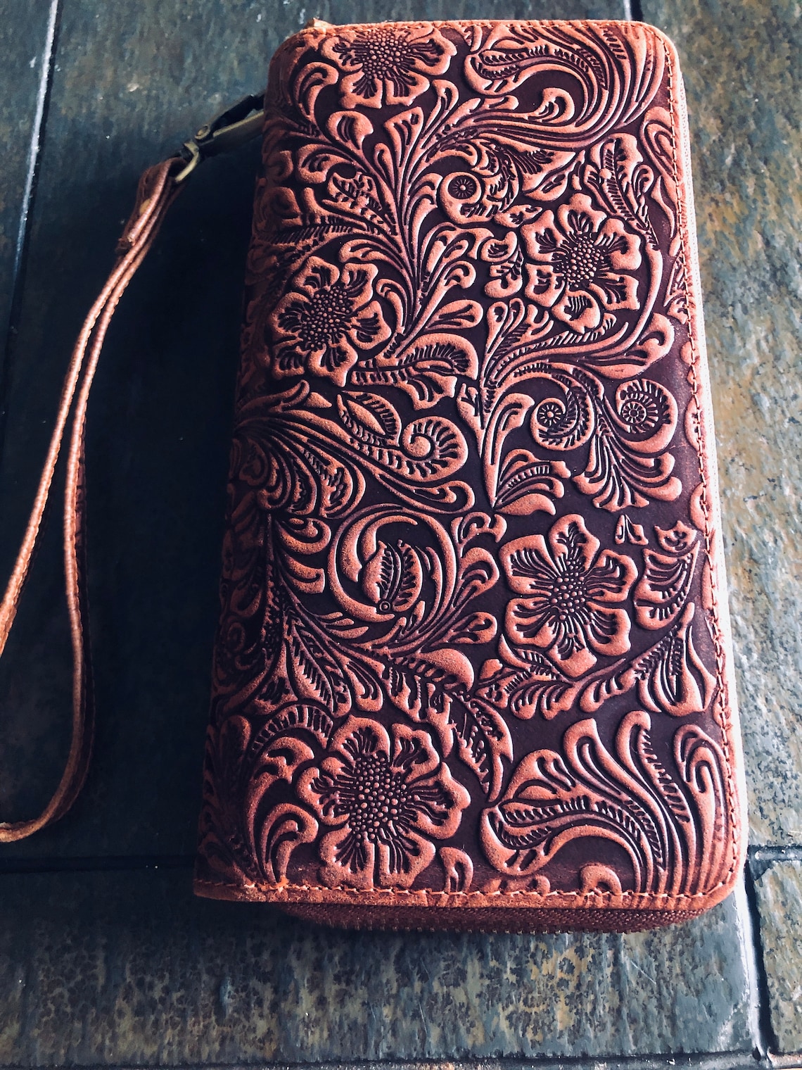 Genuine Leather Hand Tooled Vintage Patterned, Brownish Auburn Cowhide ...