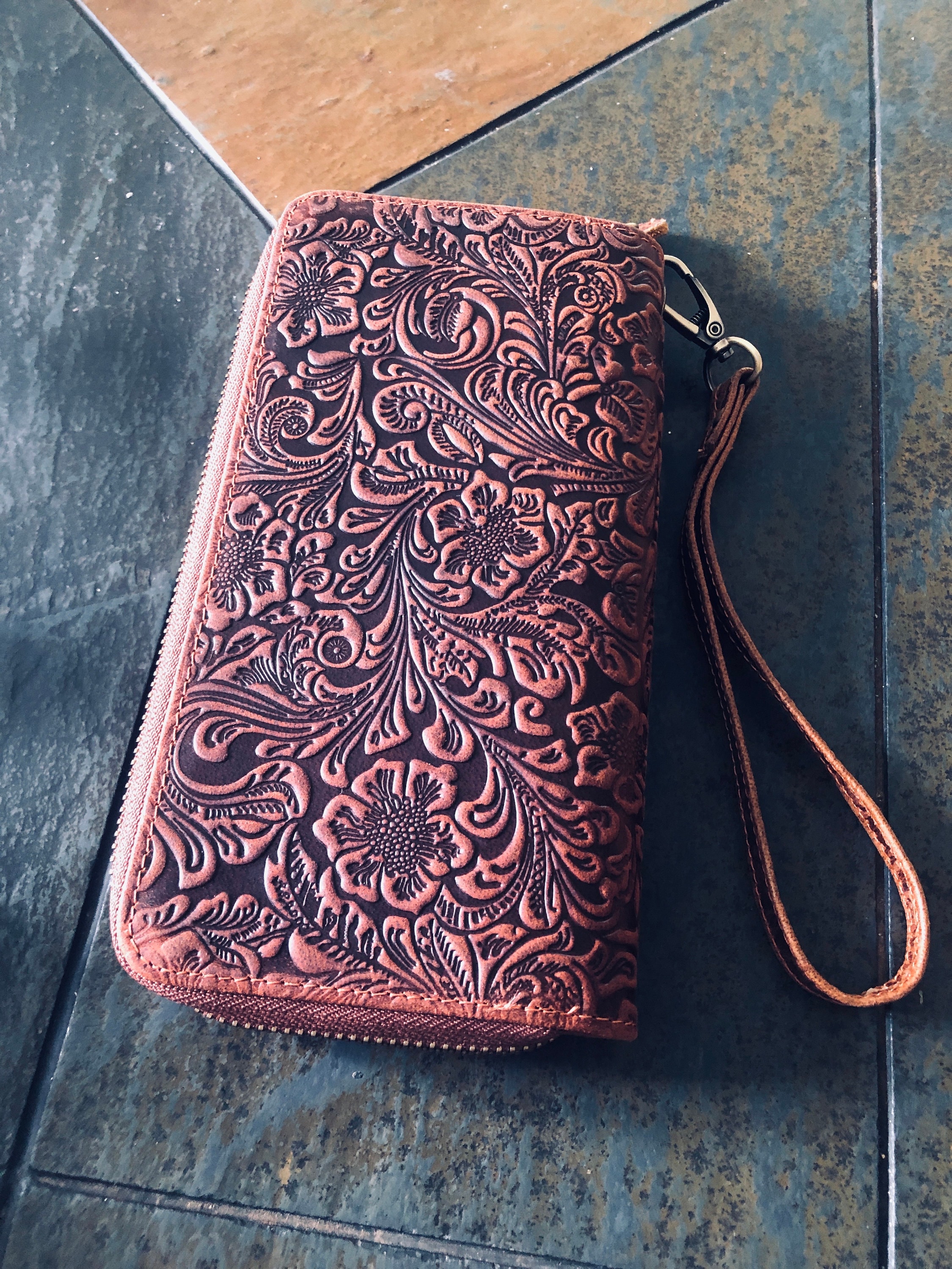Genuine Leather Hand Tooled Vintage Patterned, Brownish Auburn Cowhide ...