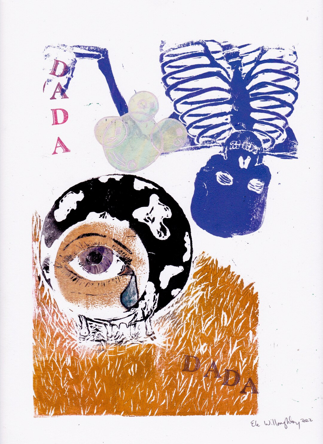 Unique Dada-inspired Lino Block Print: Spherical Cow, Eye, Skeleton - Etsy