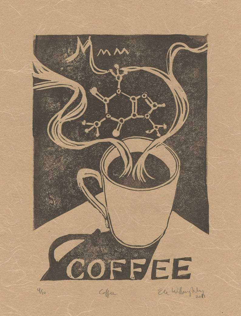 Mmm... Coffee Lino Block Print With Caffeine Molecule - Etsy