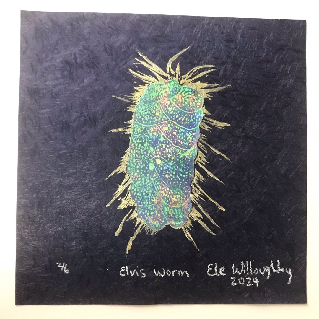 Lino Block Print Elvis Worm - Hand-printed Shiny Sequined Marine Worm ...