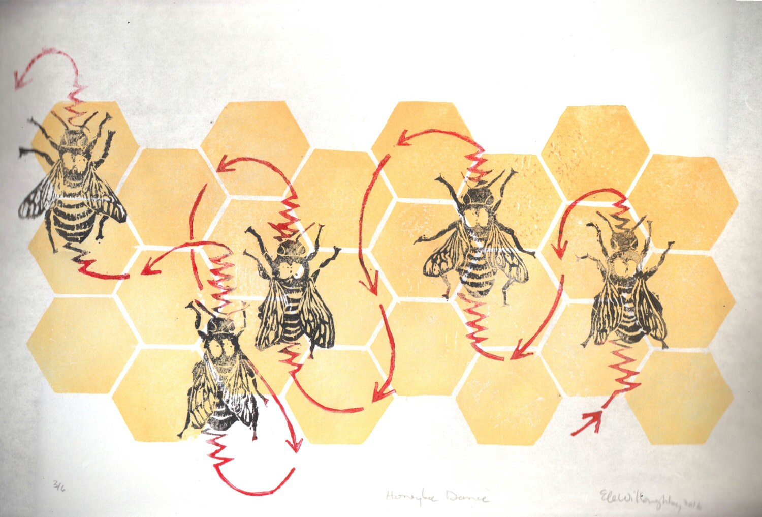 Honeybee Dance Lino Block Print Pollinator Bee Biodiversity | Etsy