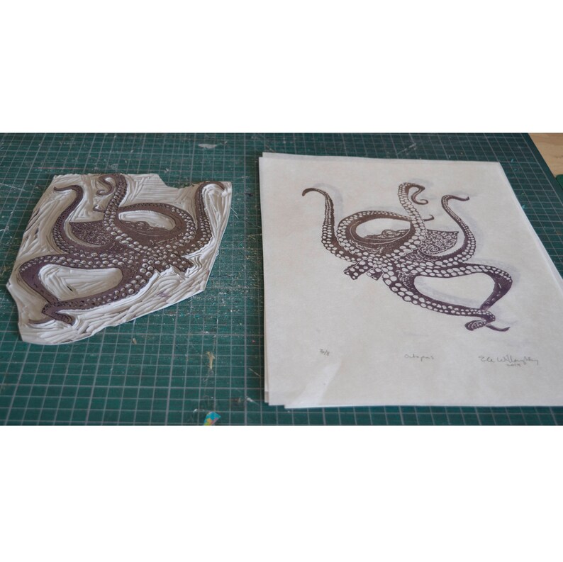 Octopus Linocut Lino Block Print Octopus Ocean Animal Art | Etsy