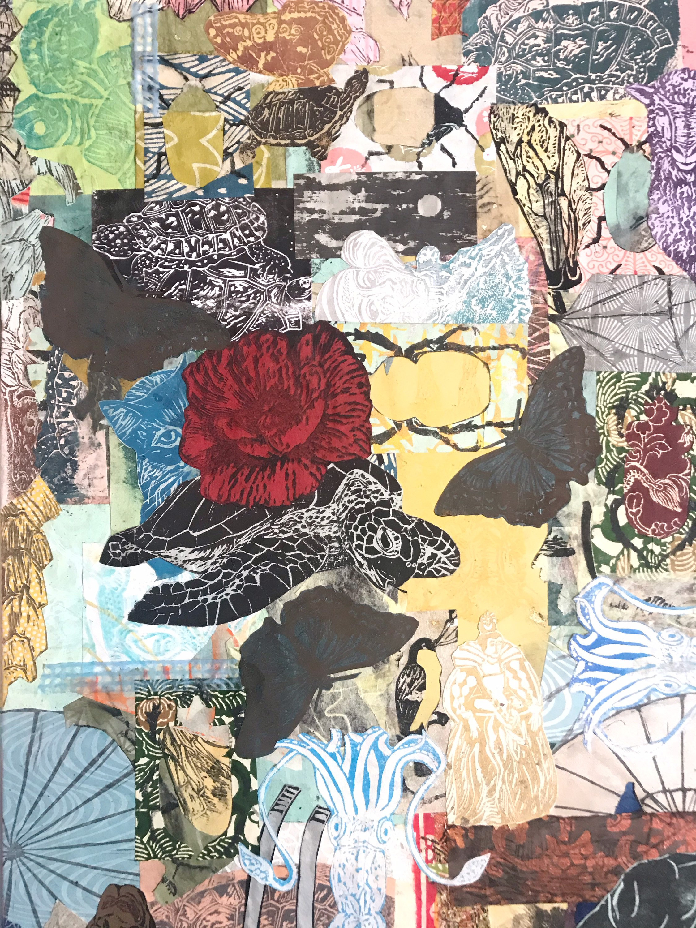 Large Multimedia With Handprinted Linocut and Layered Washi Collage on ...