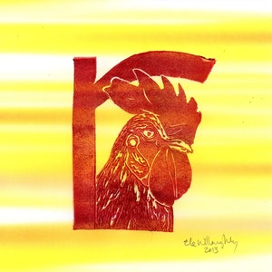 Rooster R Monogram Linocut, Alphabet Typographic Lino Block Print With ...