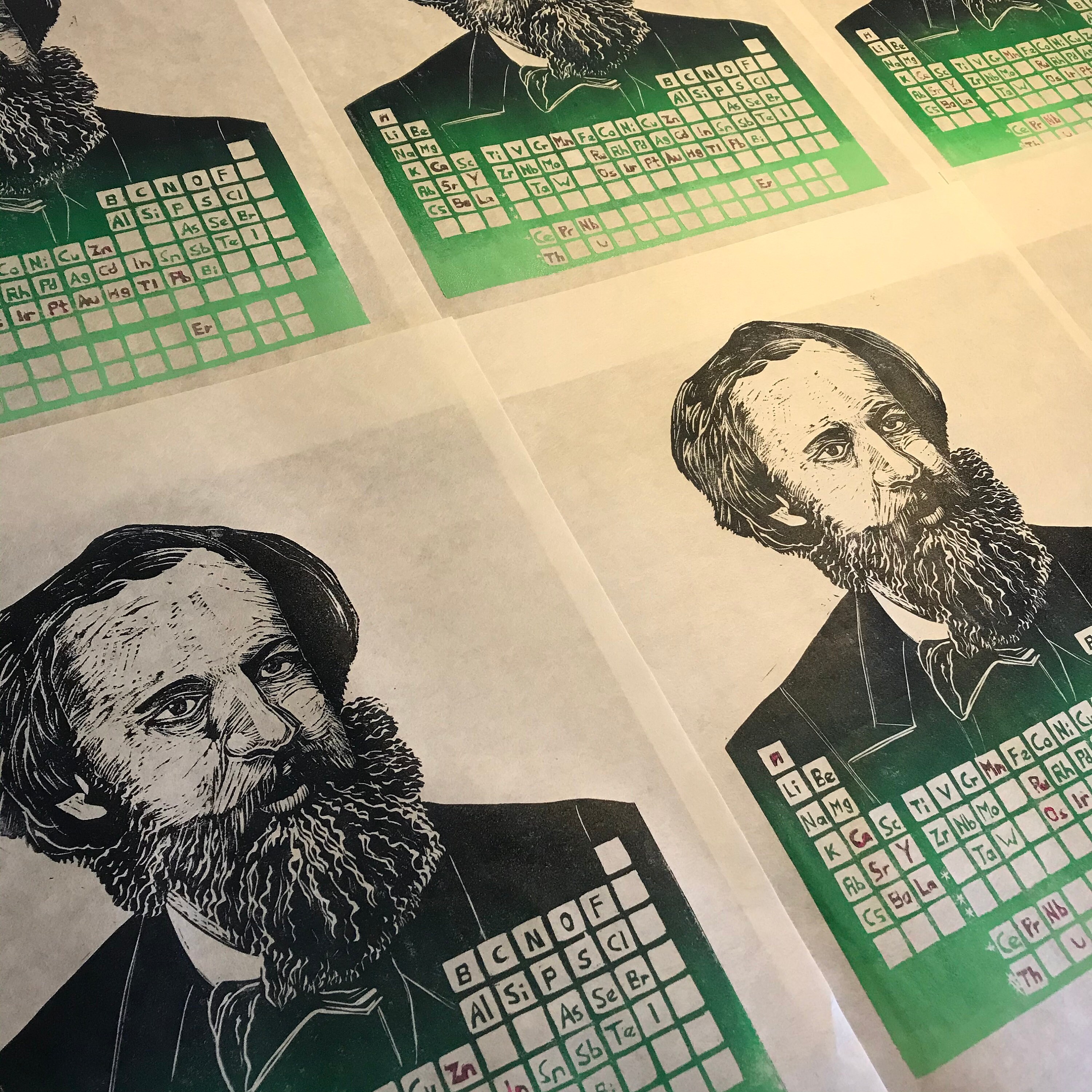 Lino Block Print Portrait of Chemist Dmitri Mendeleev, Progenitor of ...