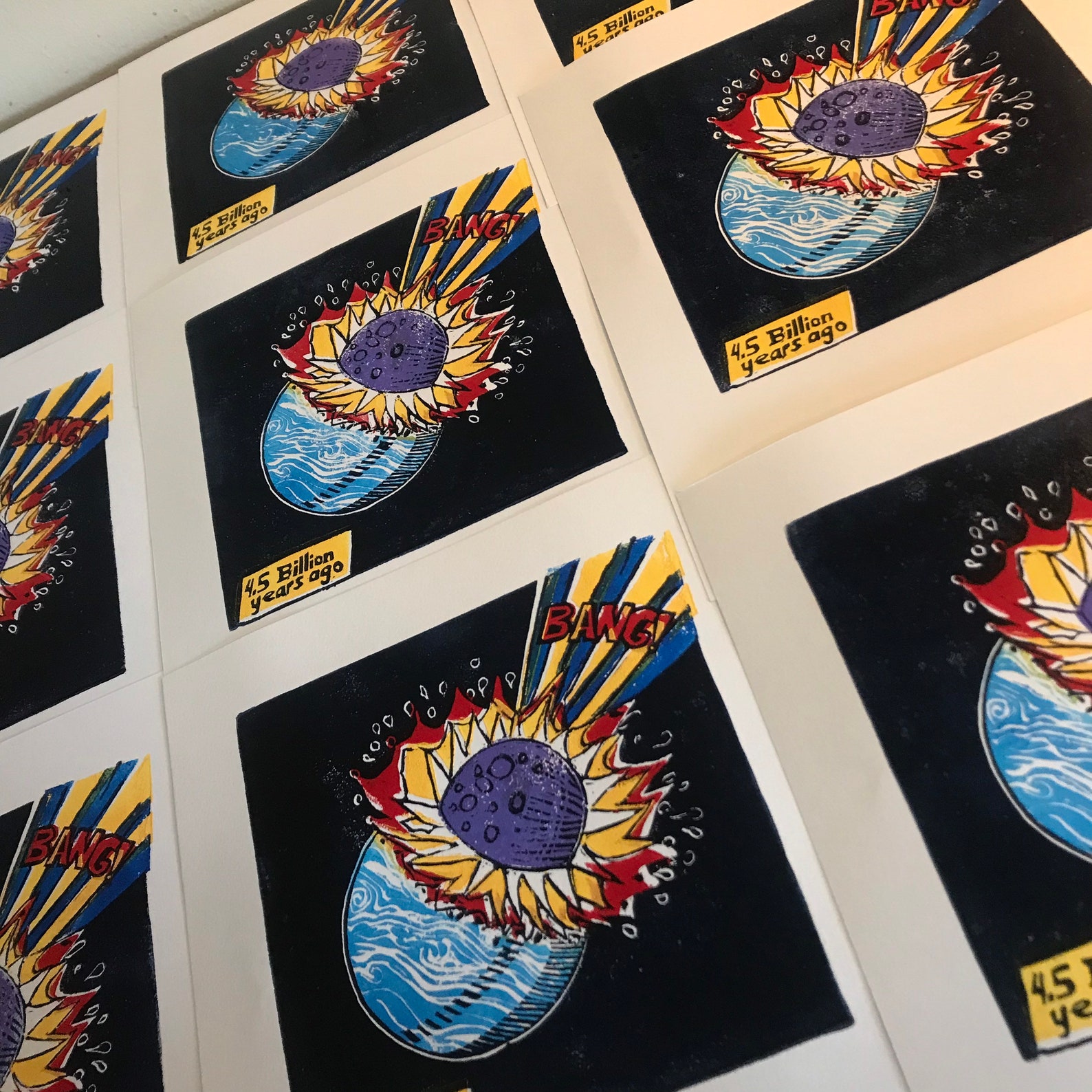 Theia, Pop Art Lino Block Print of the Formation of the Moon, Planetary ...