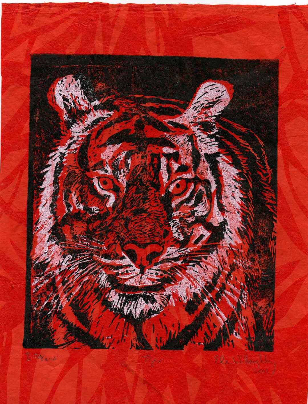 Handmade Tiger Linocut Print: Red Leafy Paper, Natural History - Etsy