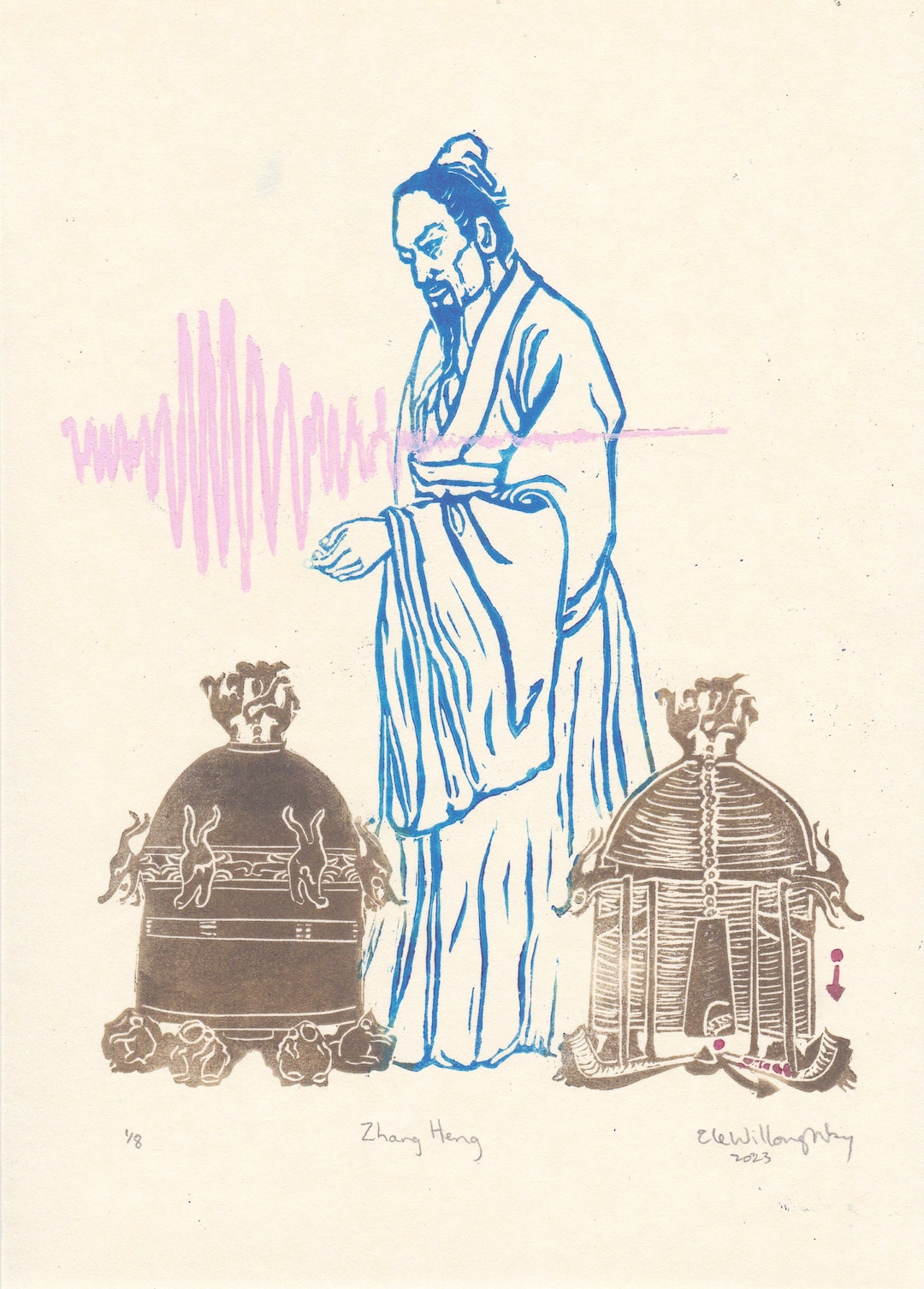 Lino Block Print of Ancient Chinese Polymath, Zhang Heng, His Invention ...