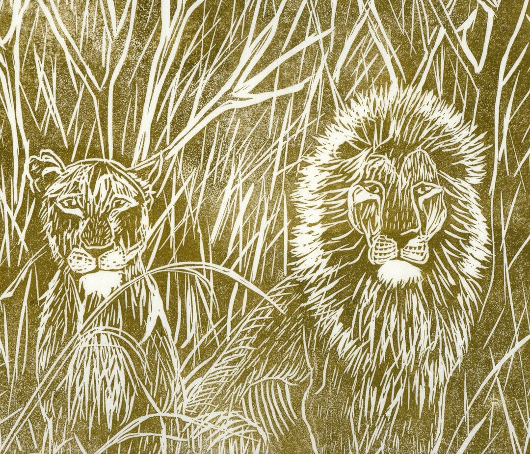 Lion and Lioness Linocut, Handprinted Lion Couple in the Savannah Lino ...