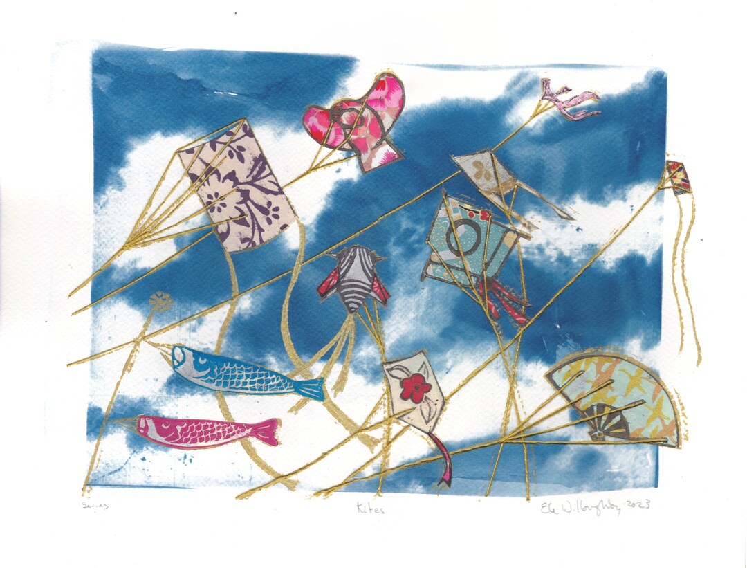 Blue Sky With Clouds Cyanotype With Lino Block Printed Kites and ...