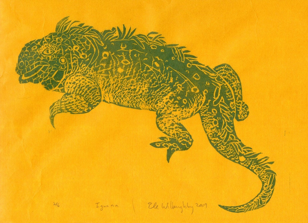 Iguana Lino Block Print: Green Lizard on Yellow Japanese Paper - Etsy