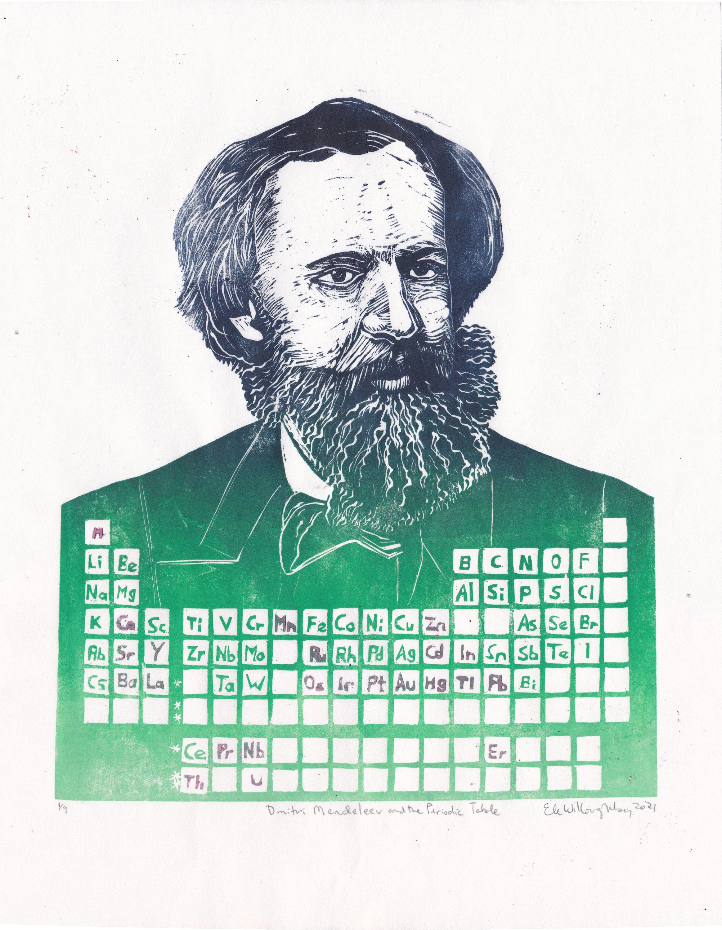 Lino Block Print Portrait of Chemist Dmitri Mendeleev, Progenitor of ...