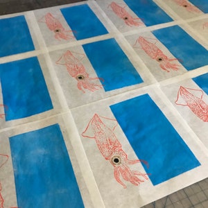 Firefly Squid Lino Block Print, Bioluminescent Squid Print, Sparkling ...