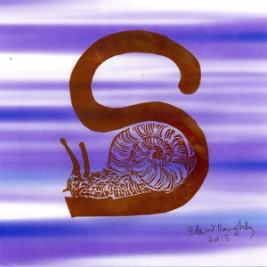 Snail S Monogram Linocut, Alphabet Typographic Lino Block Print, S is ...
