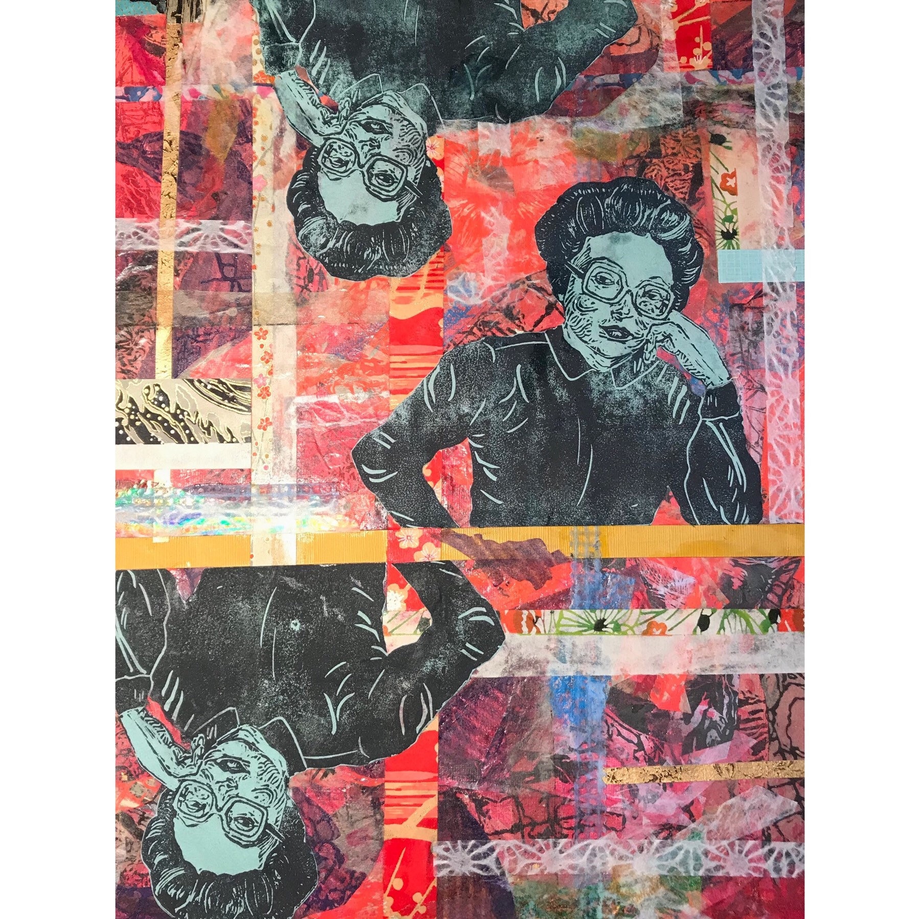 Multimedia with handprinted linocut and layered washi collage | Etsy